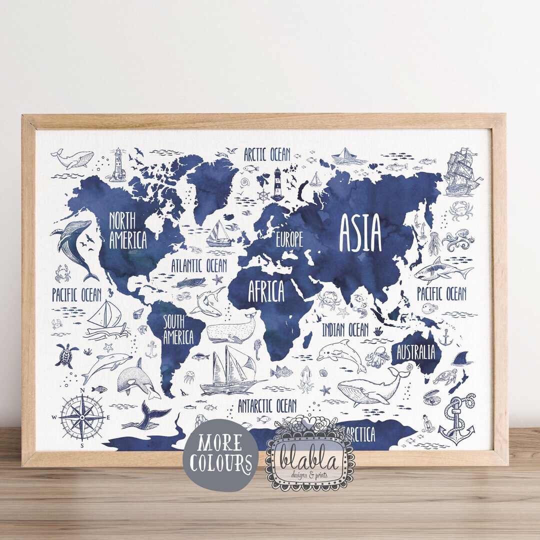 World Map for Kids, Kids World Map, Nautical Nursery Art, Navy Map ...