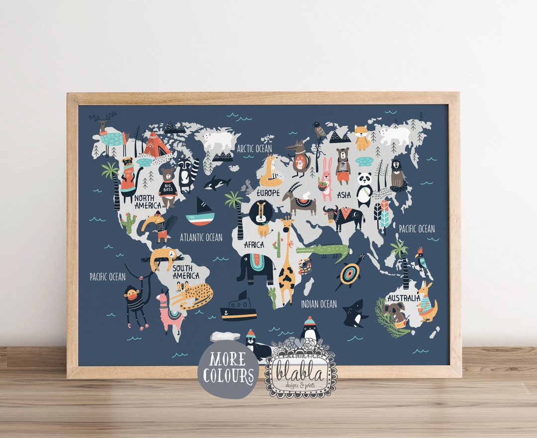 World Map for Kids, Kids World Map, Pink Nursery Art, Animals World Map ...