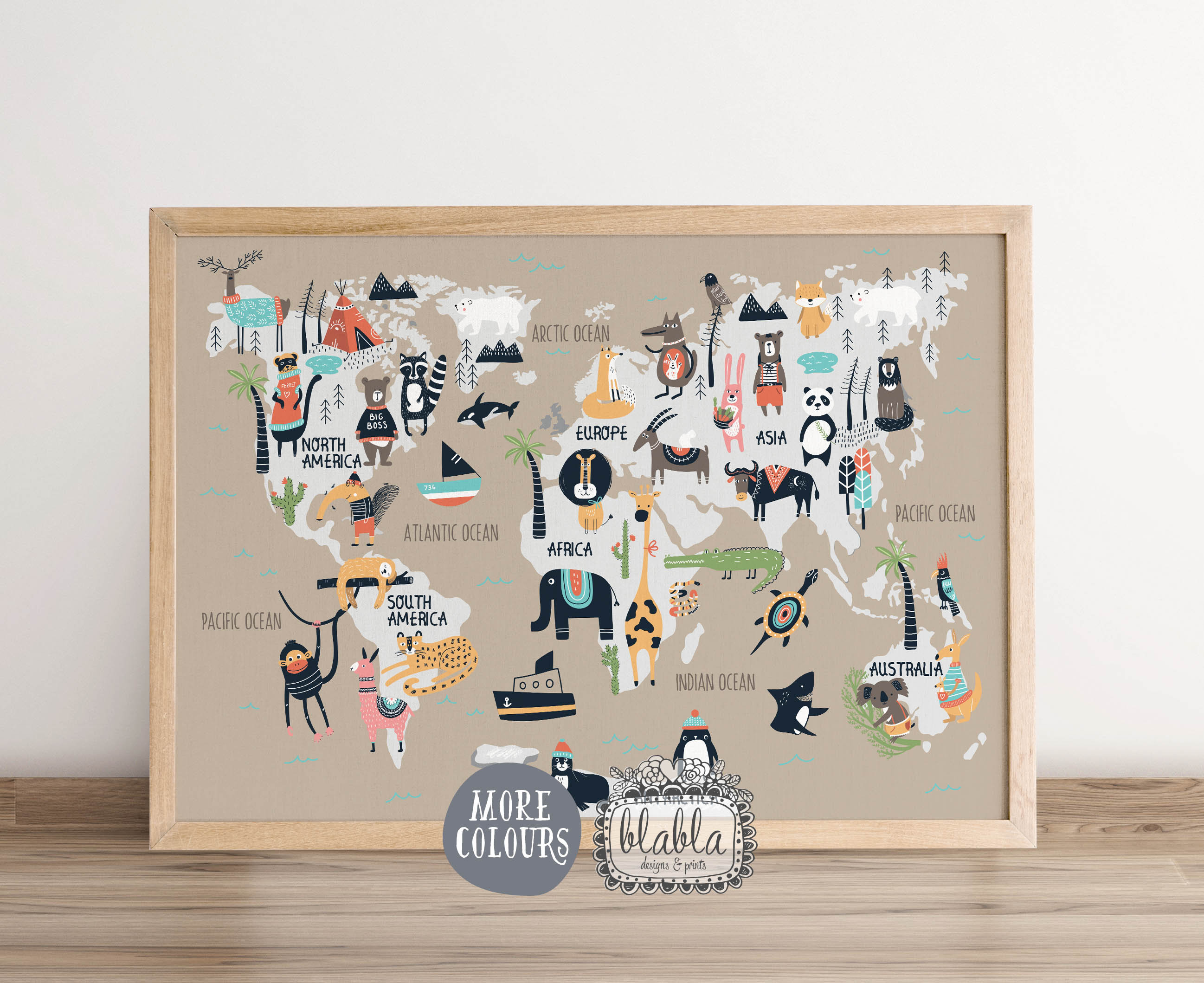 World Map for Kids, Kids World Map, Pink Nursery Art, Animals World Map ...