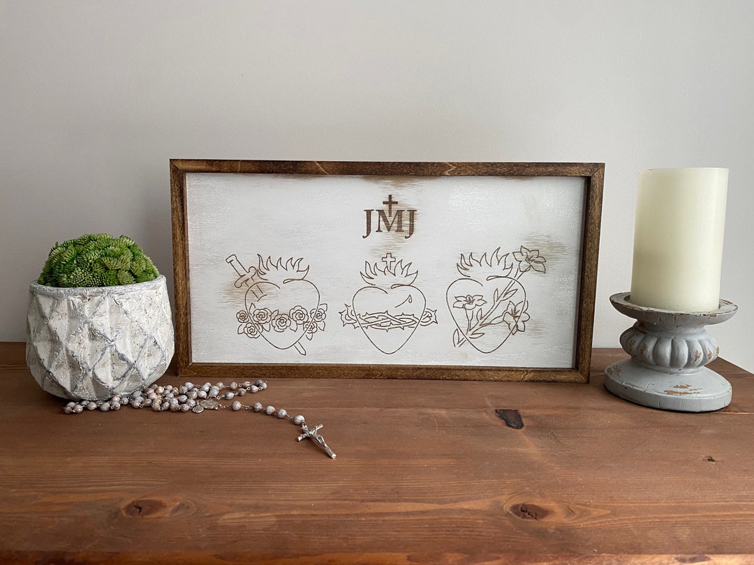 Holy Family Hearts Wood Sign – Catholic Home Decor – Laser Engraved ...