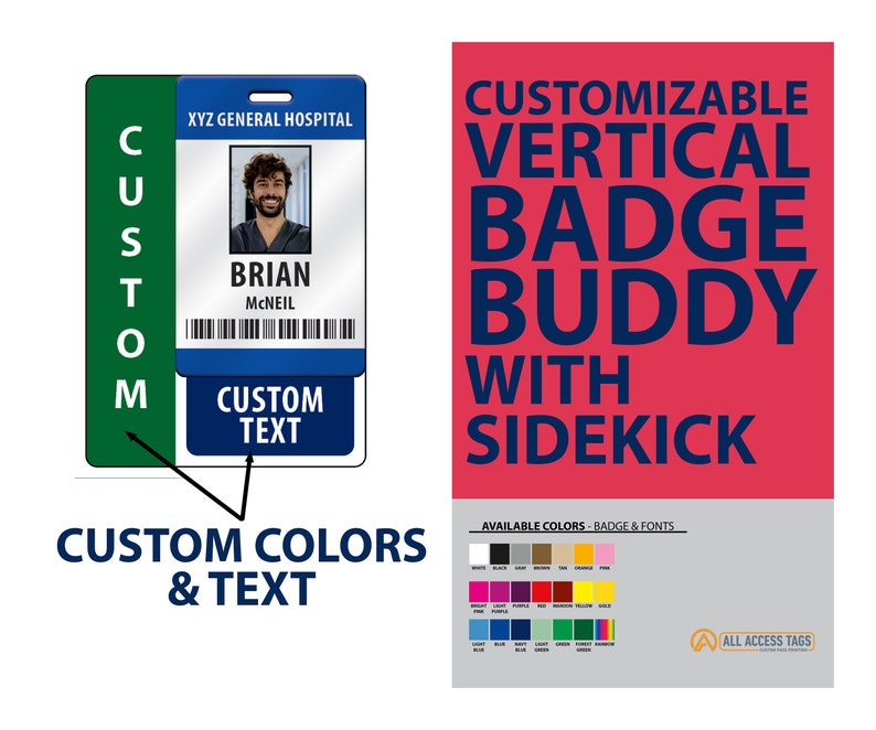 Custom Vertical Badge Buddy With Sidekick - Plastic Card Color and Text ...
