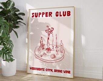Supper Club New Members Welcome Poster Modern Kitchen Wall Art Wine Art ...