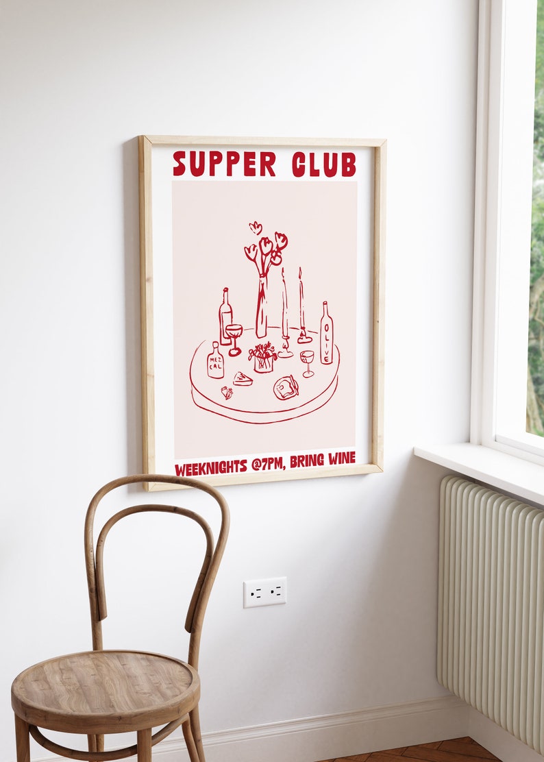 Red Supper Club Poster - Modern Kitchen Wall Art- Wine Art- Vintage ...