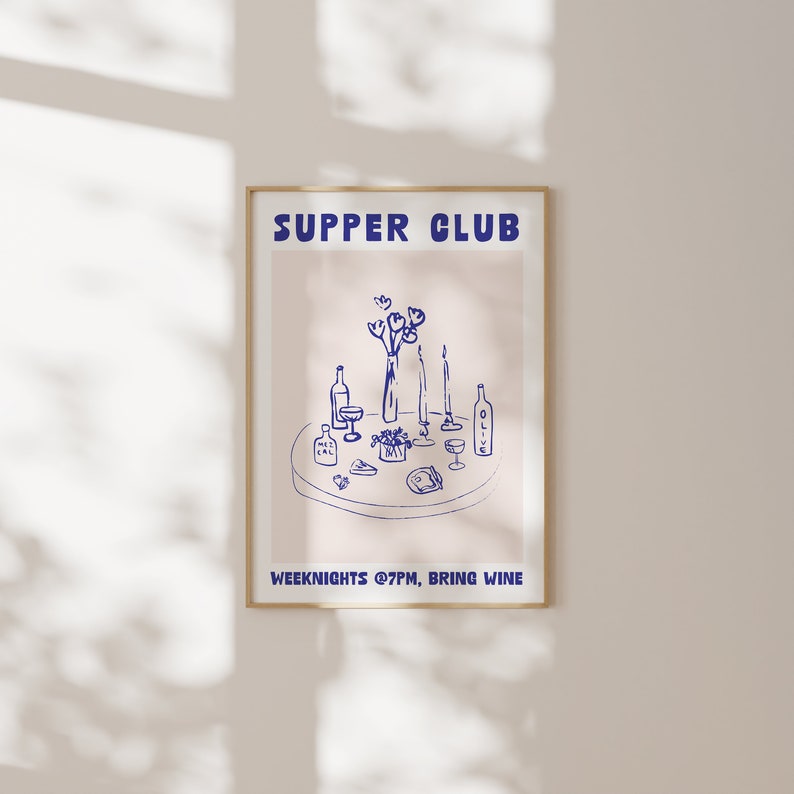 Supper Club Poster - Modern Kitchen Wall Art- Wine Art- Vintage Food ...
