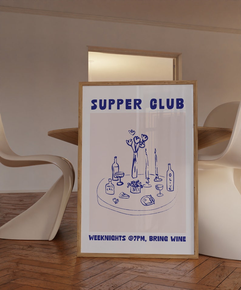 Supper Club Poster - Modern Kitchen Wall Art- Wine Art- Vintage Food ...