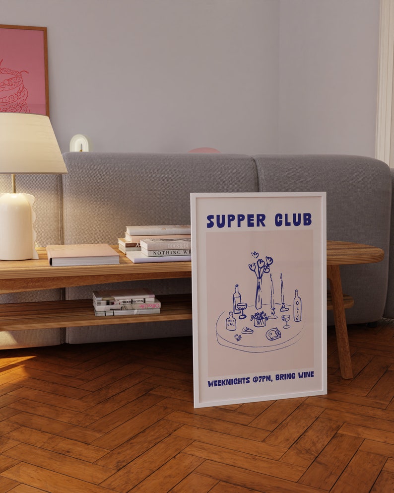 Supper Club Poster - Modern Kitchen Wall Art- Wine Art- Vintage Food ...