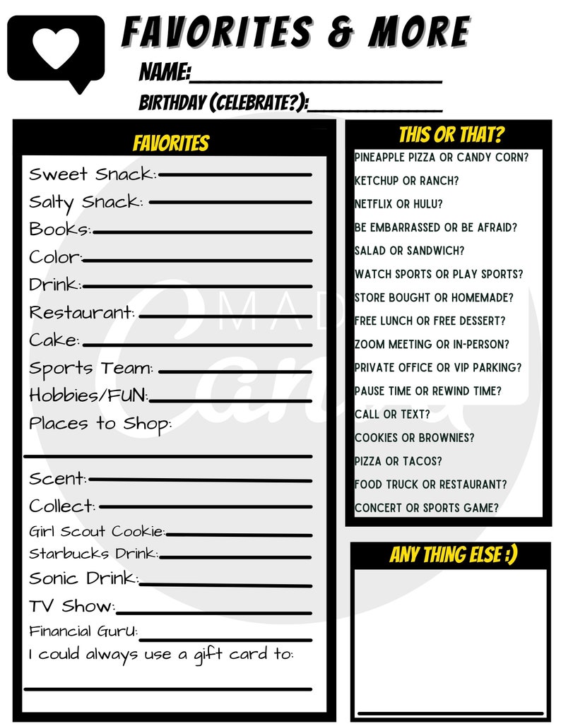 Employee Favorites List My Favorite Things Employee Wish List