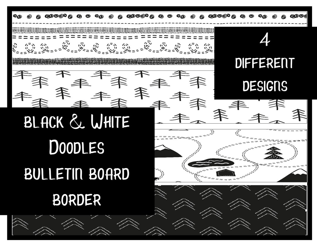 Black & White Doodles Bulletin Board Border 4 Printable Designs - Etsy