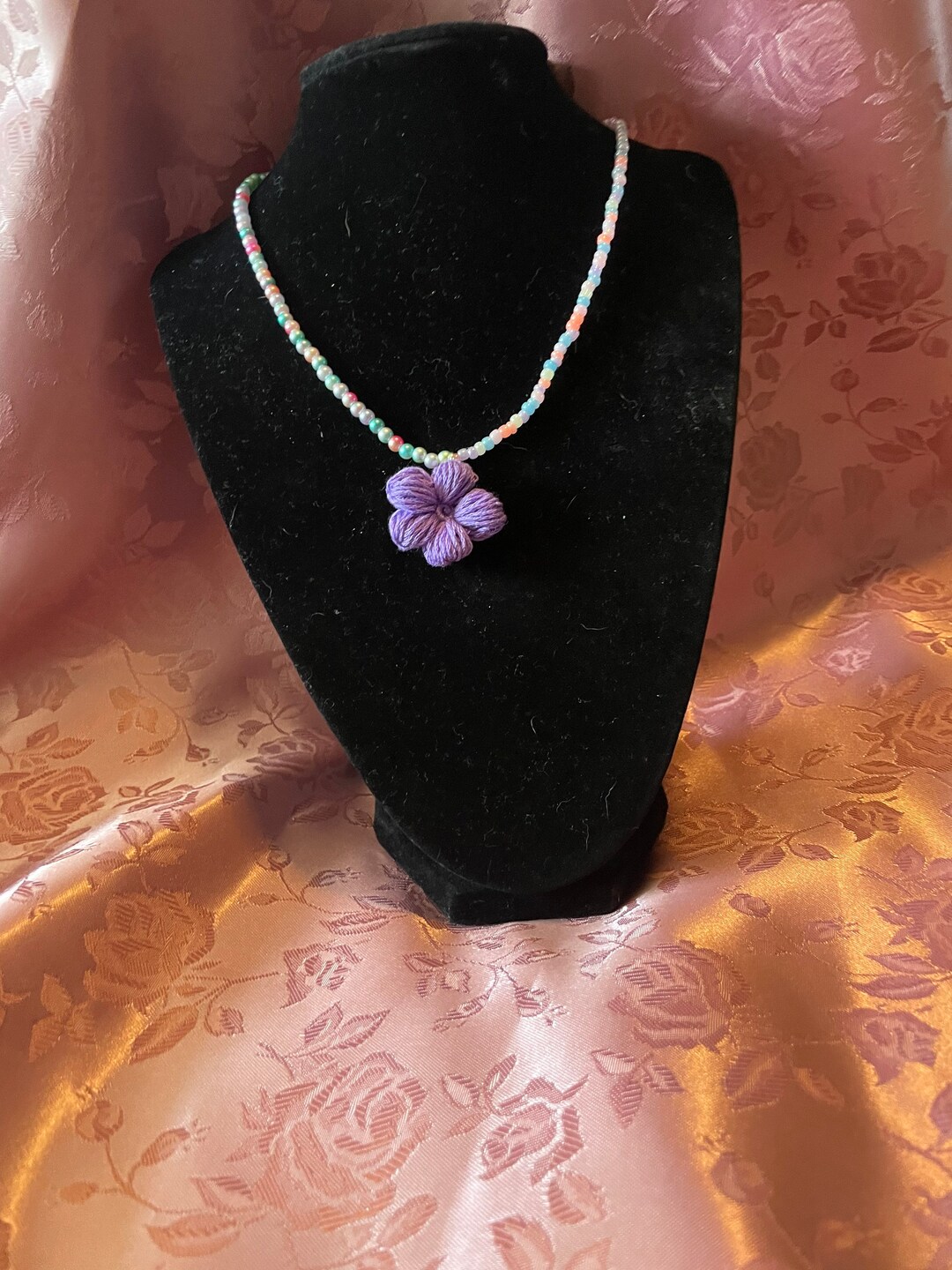 Crochet Purple Puff Flower With Pearl and Glass Beads Choker - Etsy