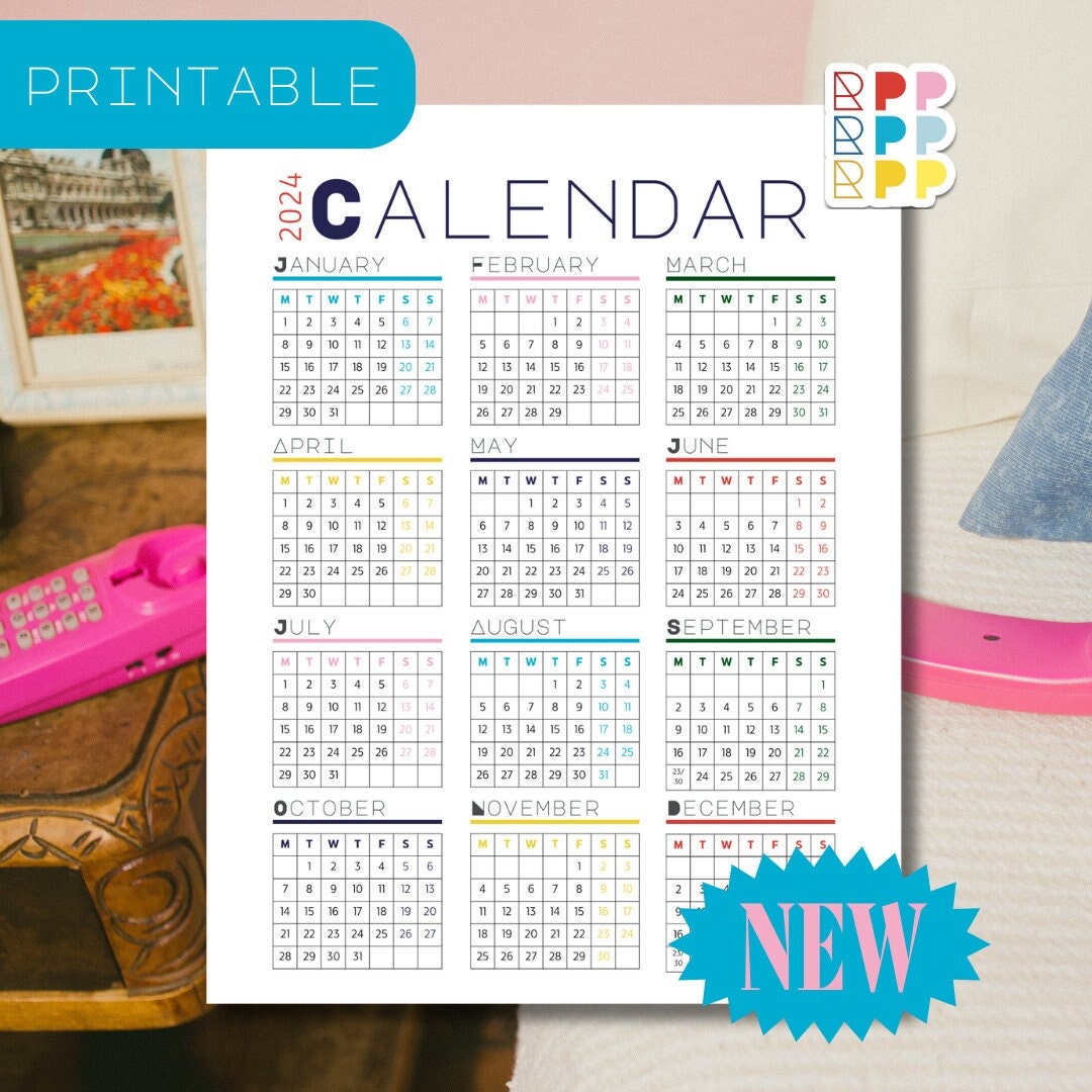 Illustrated Printable Calendar Colorful Calendar Monthly & Yearly ...