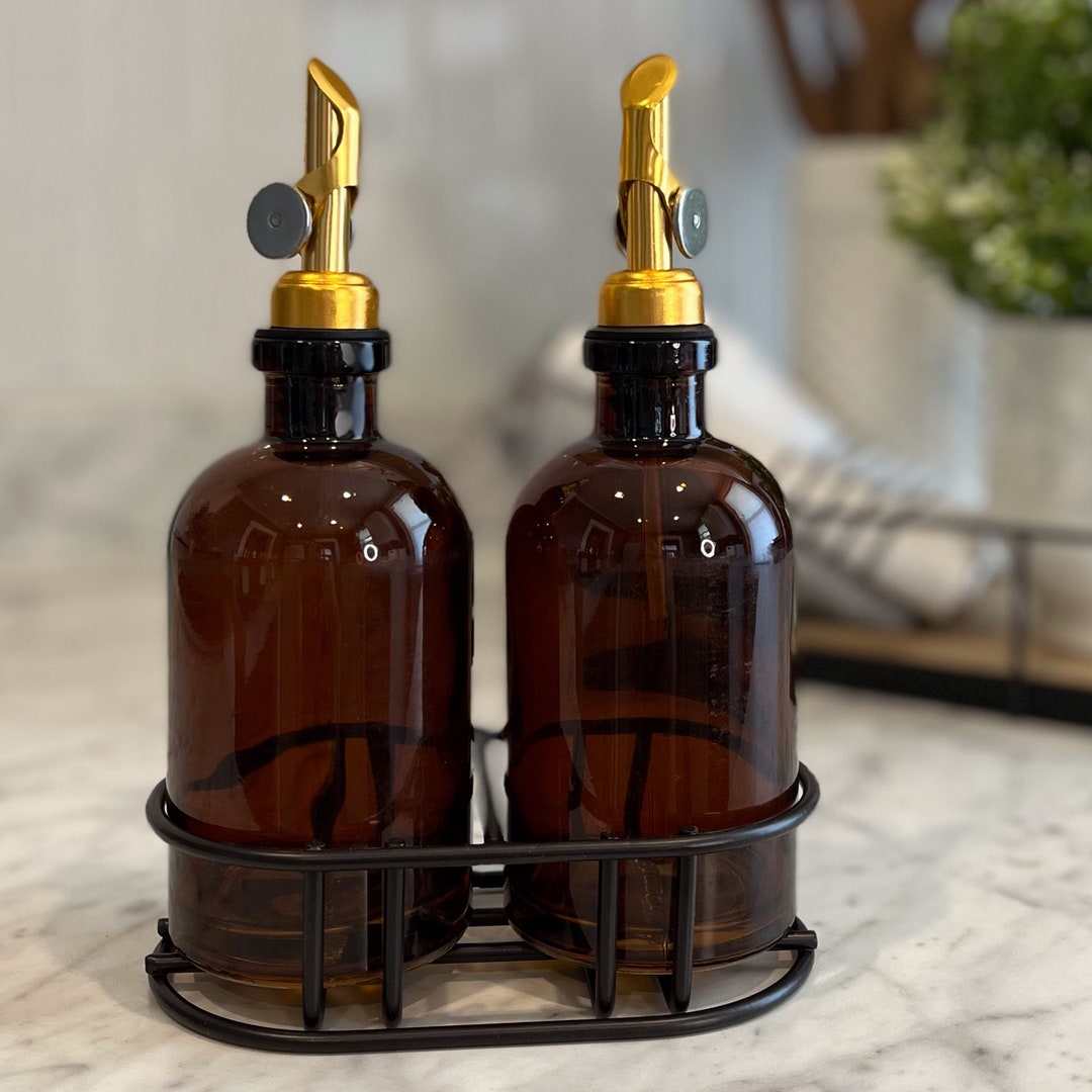 Amber Cruet Set With Black Holder | Apothecary Glass Oil & Vinegar Set ...