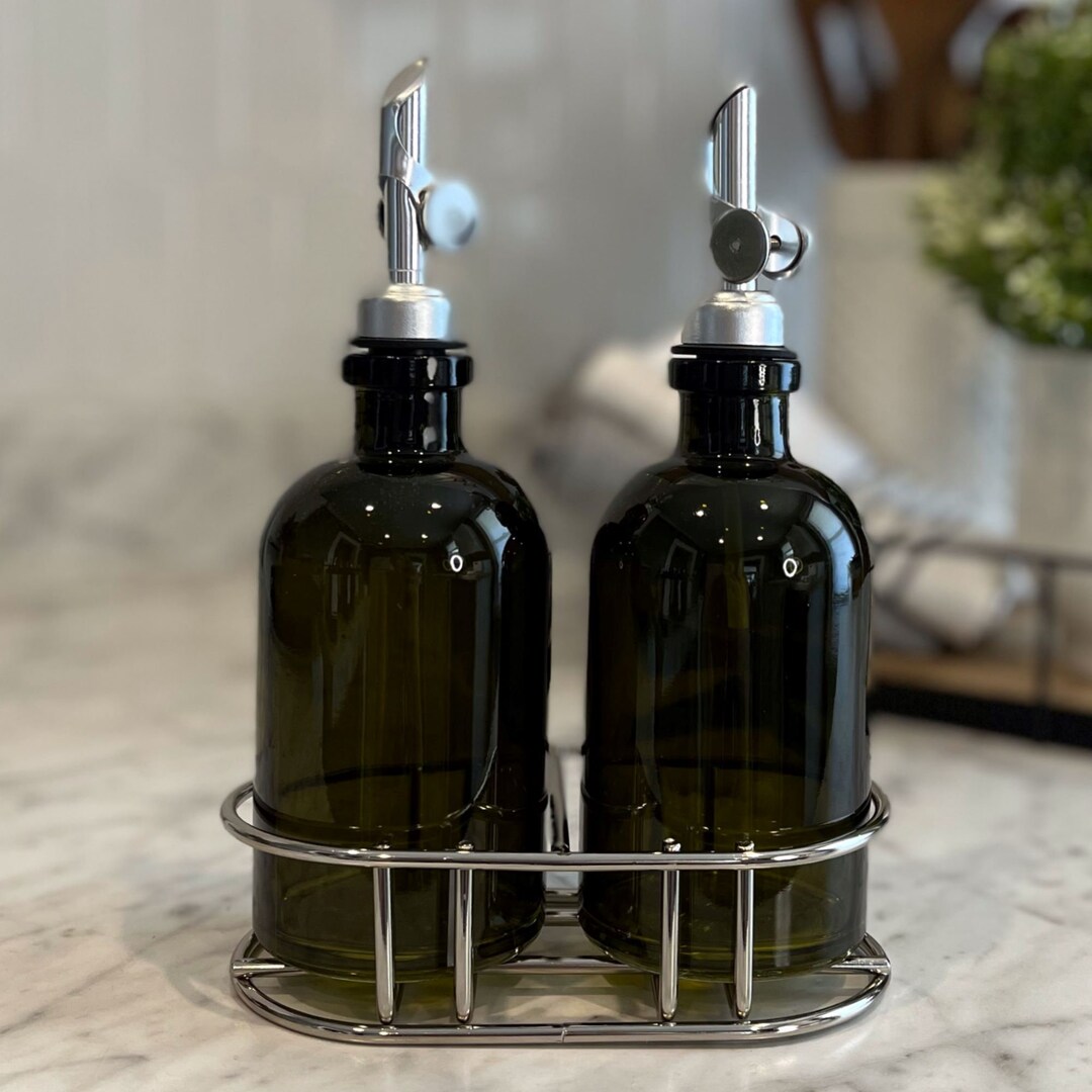 Vintage Green Cruet Set With Chrome Holder | Apothecary Glass Oil ...
