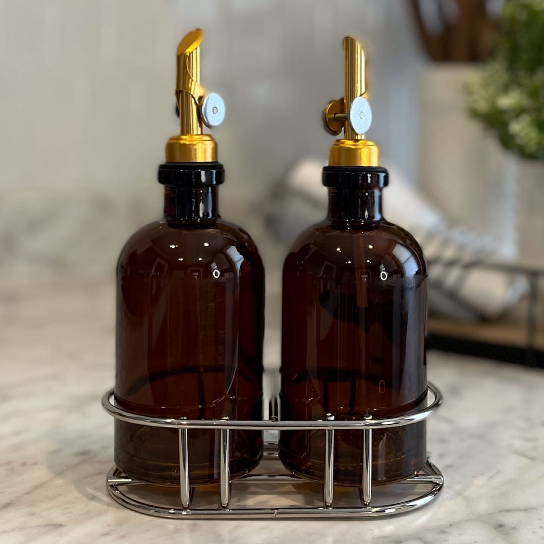Amber Cruet Set With Chrome Holder | Apothecary Glass Oil & Vinegar Set ...