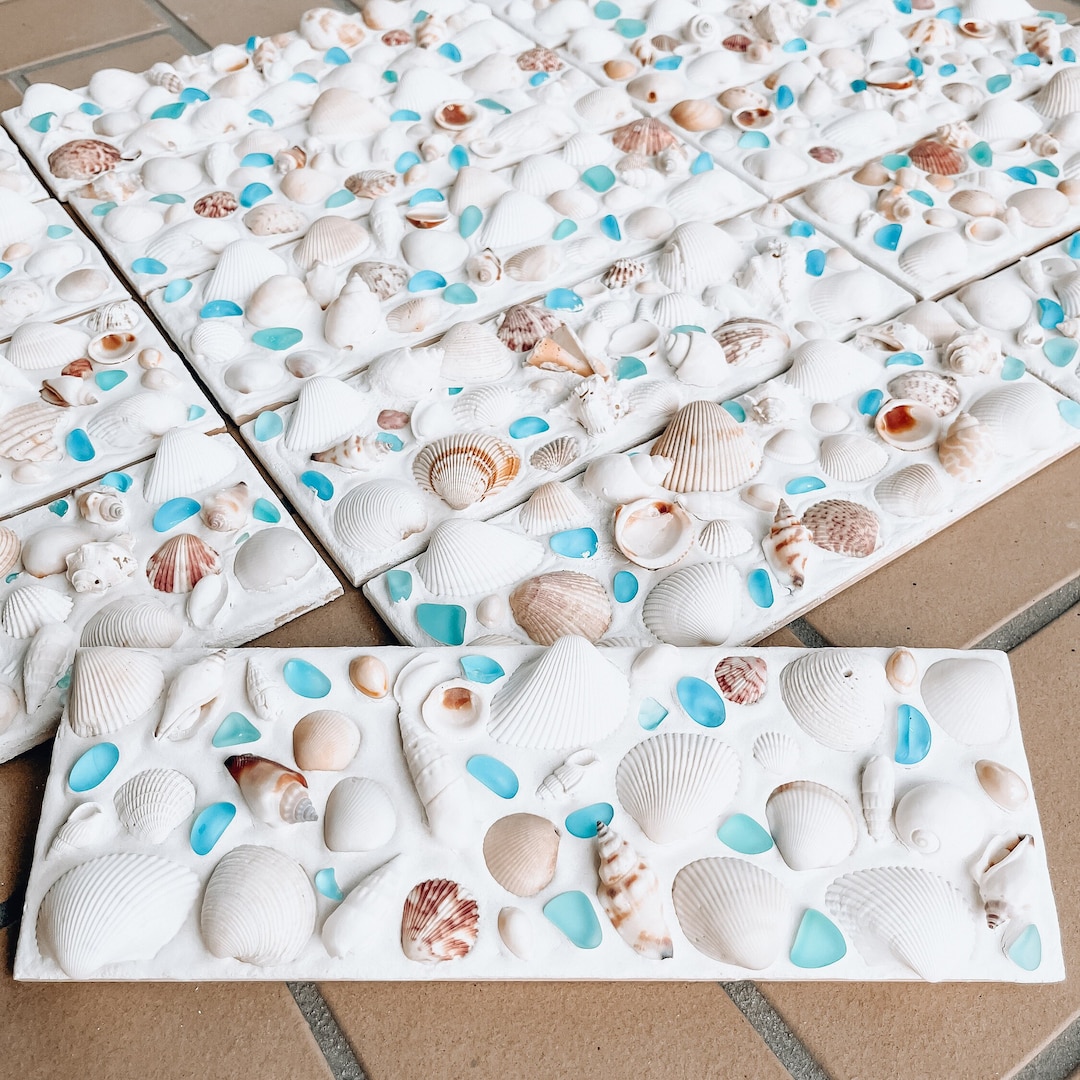 Seashell Tile: Custom Beach House Decor With Blue Sea Glass - Etsy