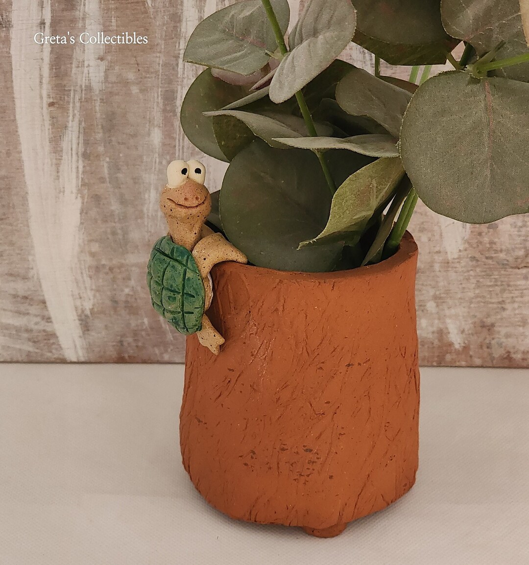 Whimsical Turtle Pot Hugger, Ceramic Turtle, Garden Art, Plant Decor ...