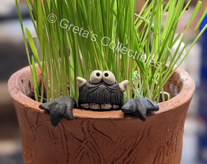 Monster Plant Buddy, Black Ceramic Monster, Garden Art, Plant Stake ...
