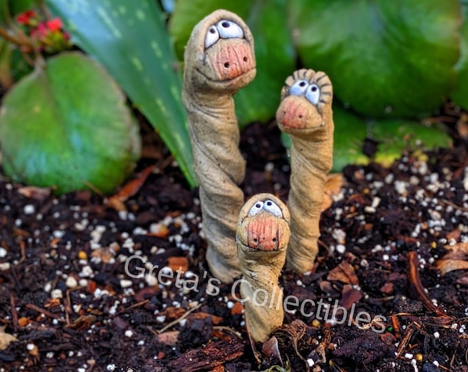 Family of 3 Whimsical Garden Worms, Fairy Garden Decor, Garden Art ...