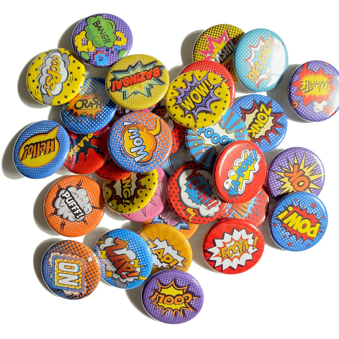 Comic Book Buttons Random Set of 10 Exclamation Pins Bazinga POW Boom ...