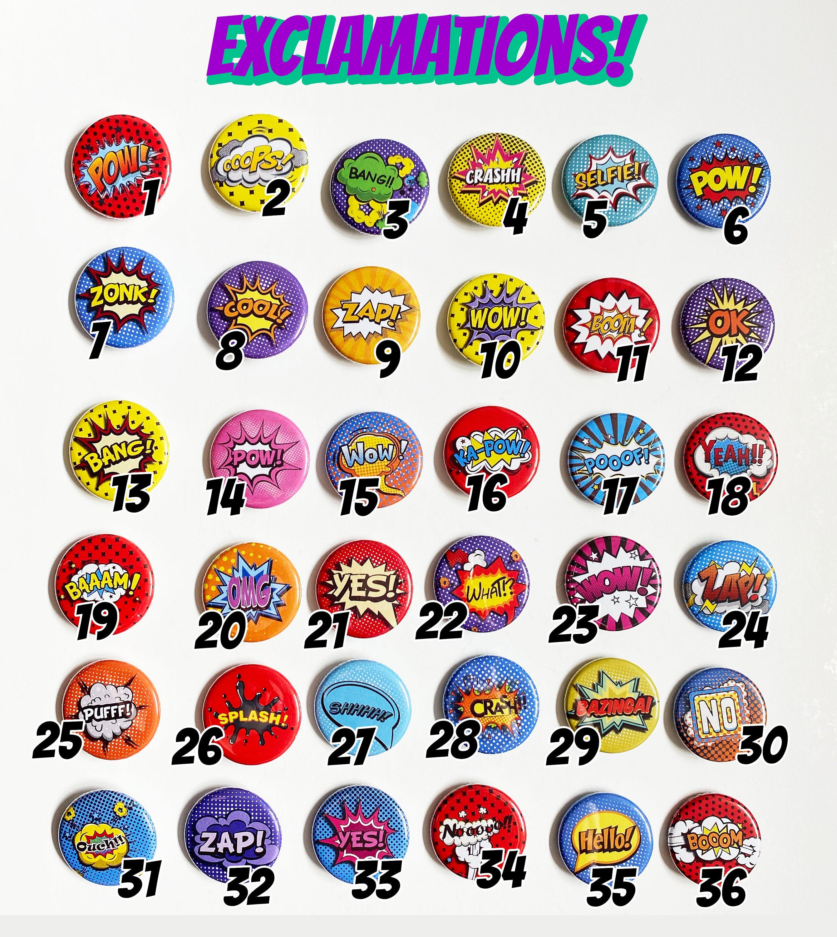 Comic Book Buttons Random Set of 10 Exclamation Pins - Etsy UK