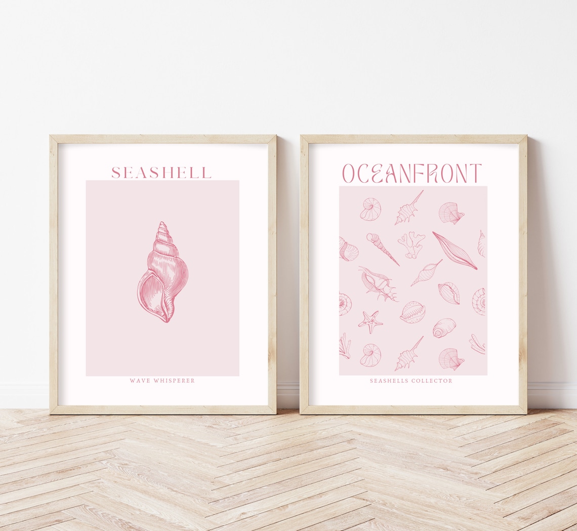 Pink Seashell Digital Art Set of 2, Beach House Gallery Wall, Aesthetic ...