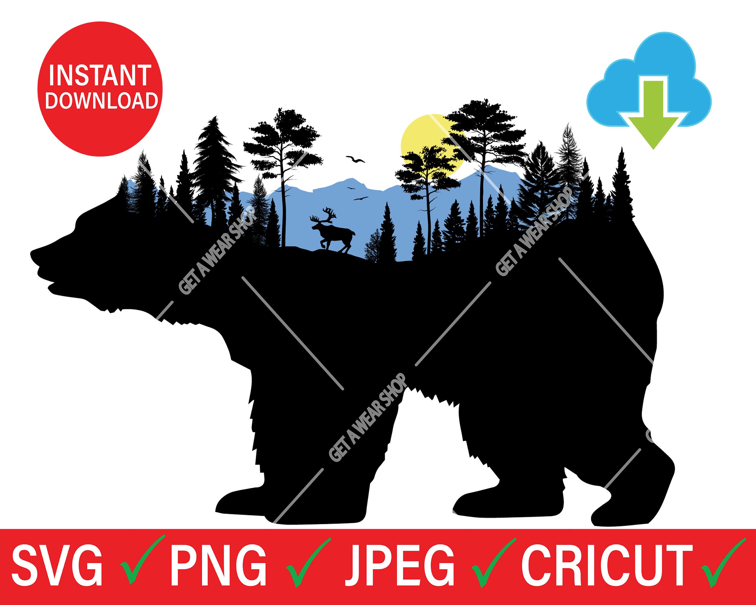 Oso en la madera svg, Oso SVG, Oso Silueta SVG, Luna svg, Naturaleza y ...