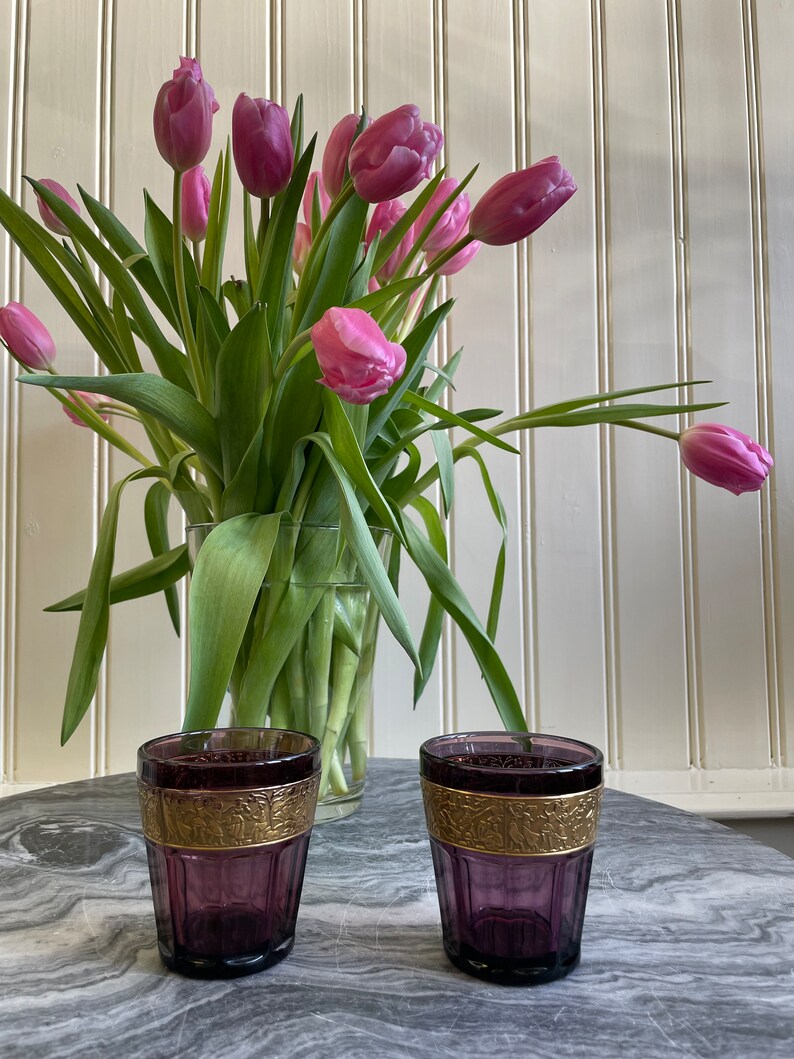 Four Moses Amethyst Purple Drinking Glasses Decorated With Gold Relief ...
