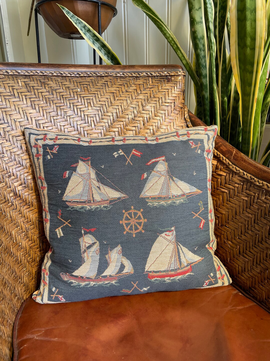 Cushion Maritime Design With Sailing Ships on a Blue Background With a ...