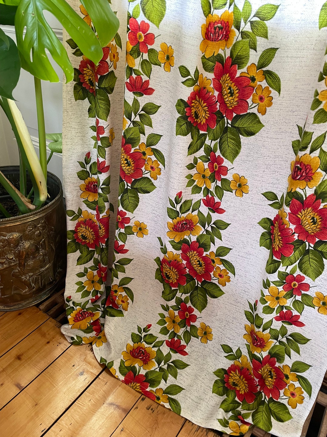 Three Vintage Curtains, Floral Design With Colourful Flowers in Colours ...