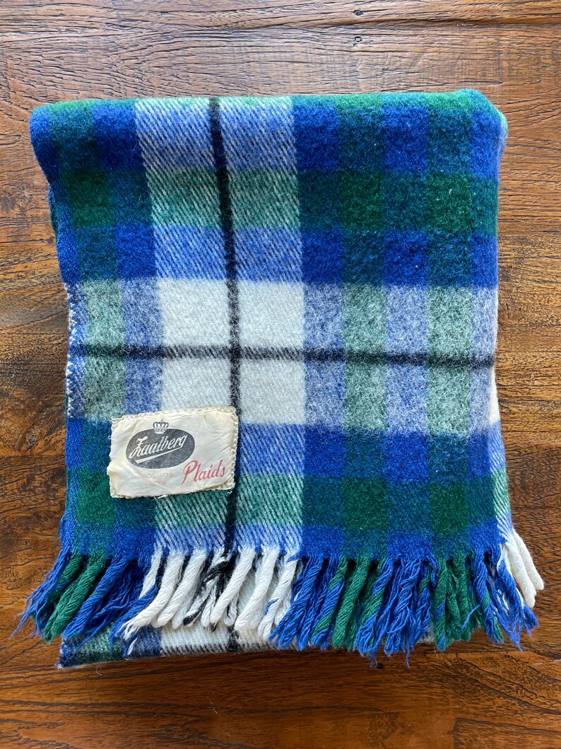 Beautiful Woollen Vintage Check Blanket in Blue, Green, White and Black ...