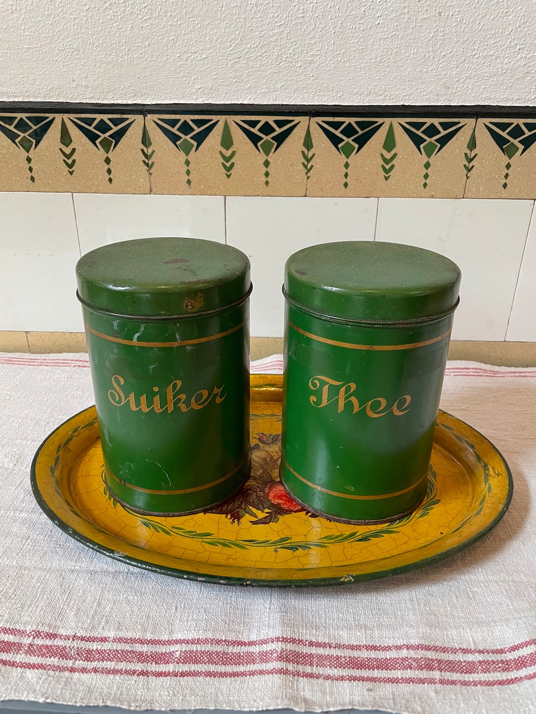 Antique Dutch Green Tea and Sugar Tins, Cylinder Shaped With Lids - Etsy