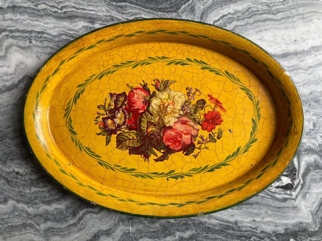 Original Antique Napoleon III Hand Painted Metal Tole Tray From the Mid ...