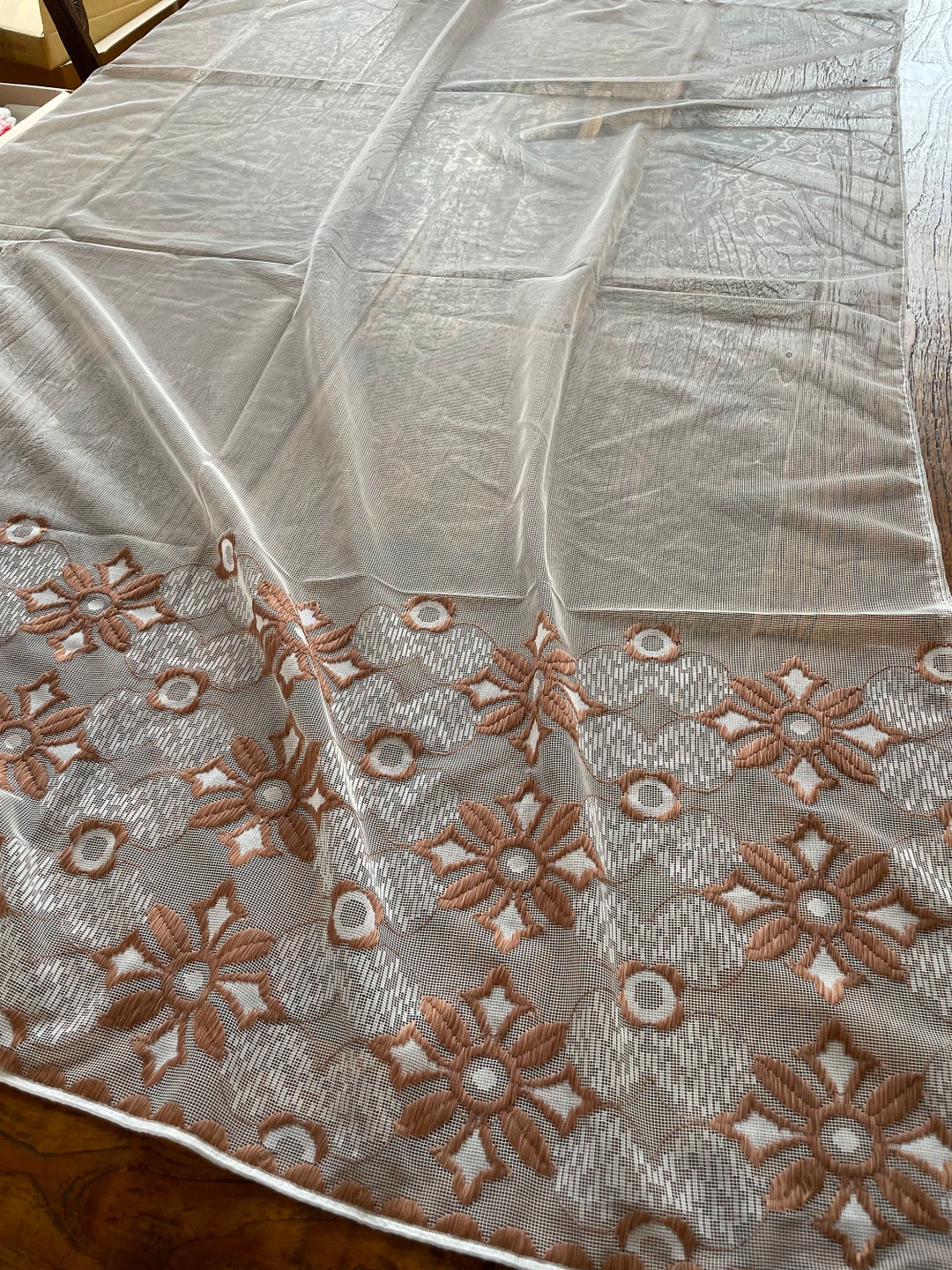 Lace Netting Vintage Curtain, White With Brown Embroidered Flowers - Etsy