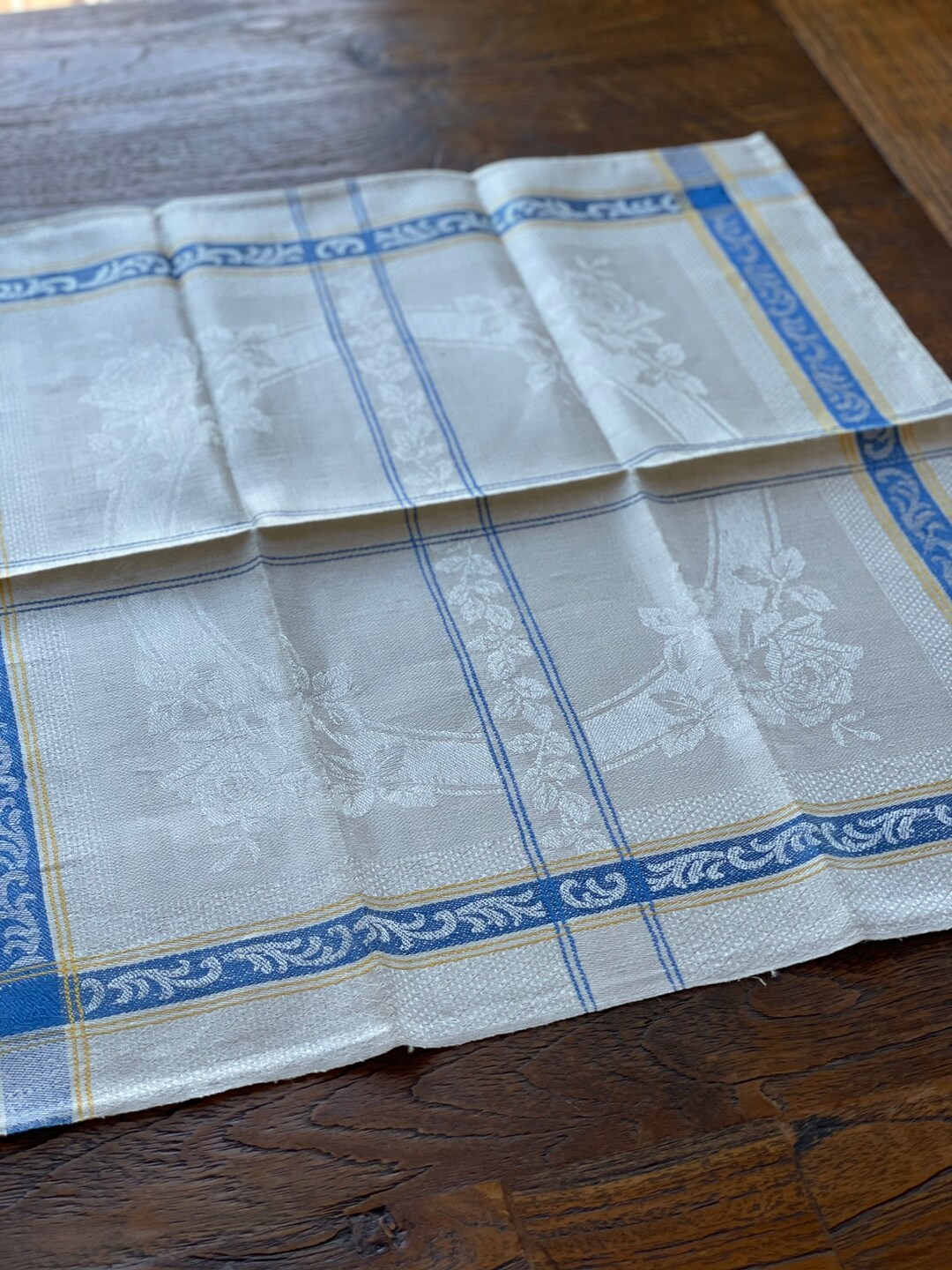 Two Antique Linen Napkins From the 1800's White With Blue and Yellow ...