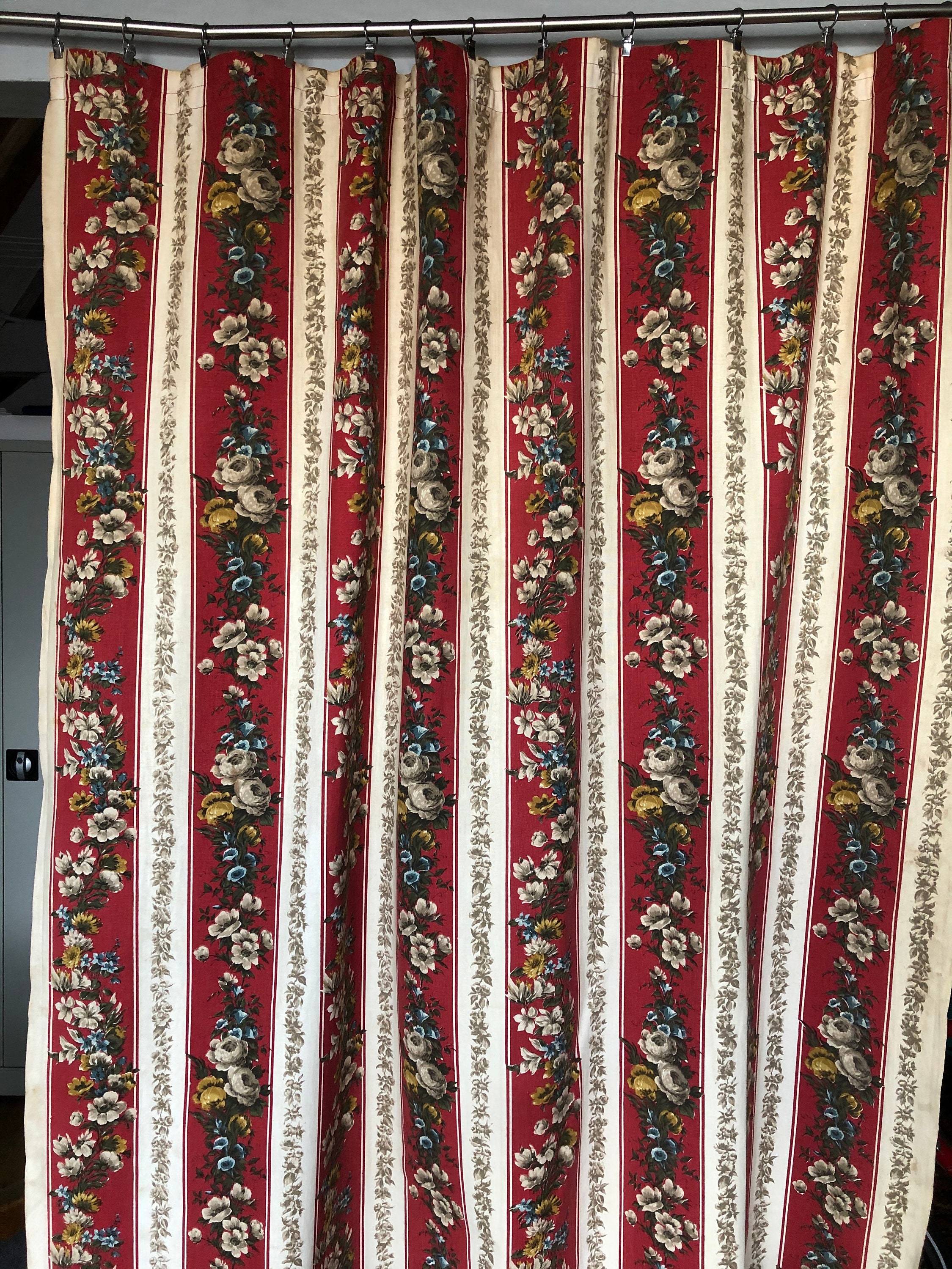 Antique Regency Striped Cotton Curtain With Panels of Roses and Flower ...