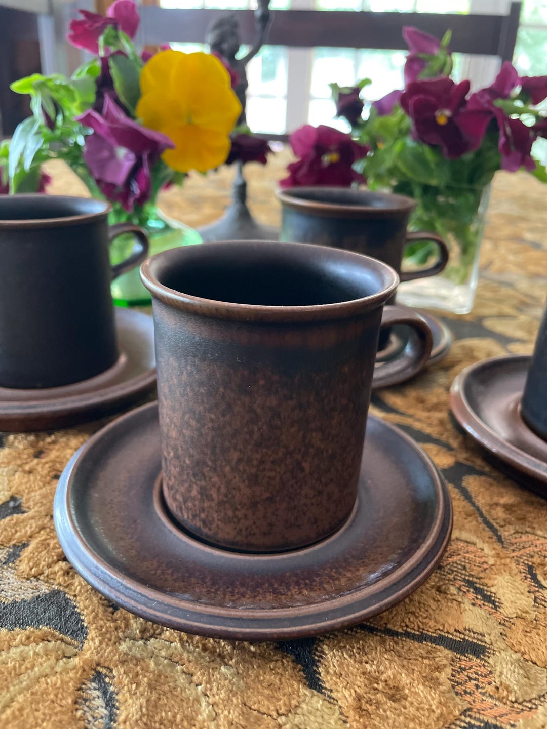 4 Small Arabia Stoneware Ruska Coffee Mugs / Cups and Saucers in Shades ...