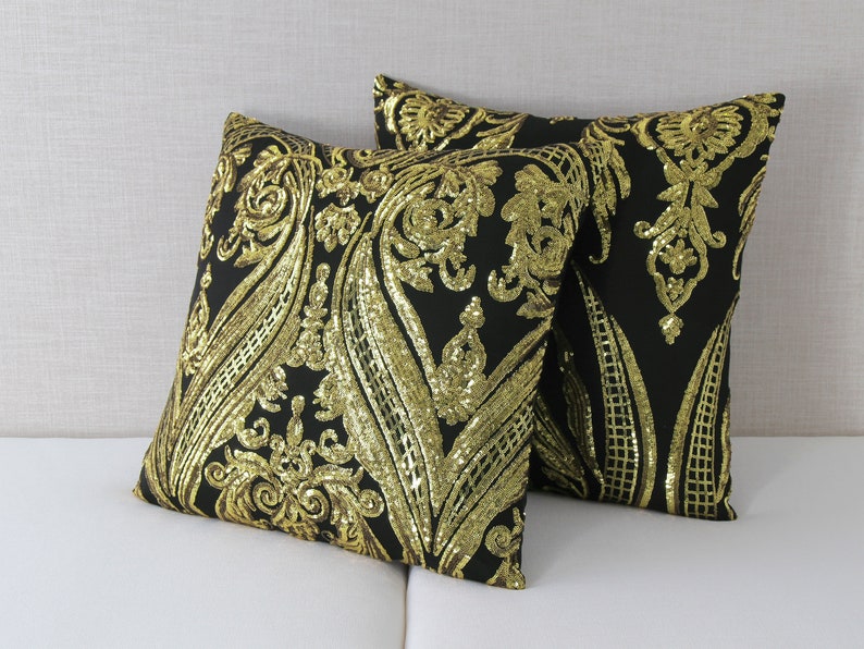 Black Yellow Gold Embroidered Sequin Pillow Cover - Santos Collection ...