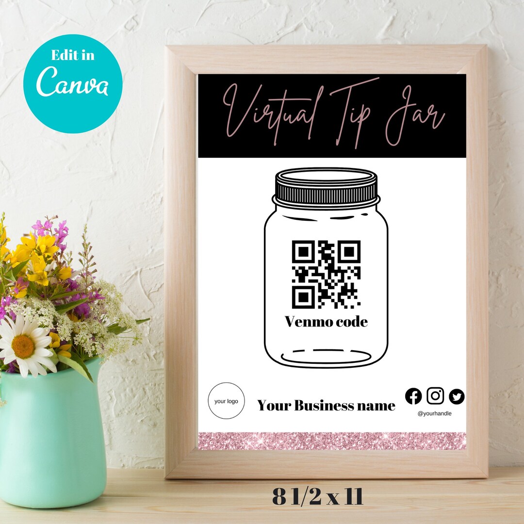 Virtual Tip Jar Sign, QR Code Tip Sign, Black and Rose Gold Tip Sign ...