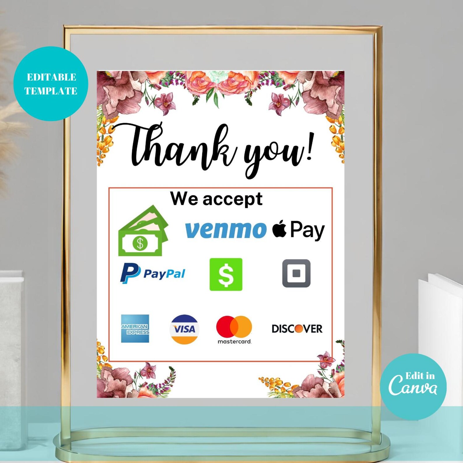 Floral Payment Sign: Editable Payment Methods Template (canva) - Etsy