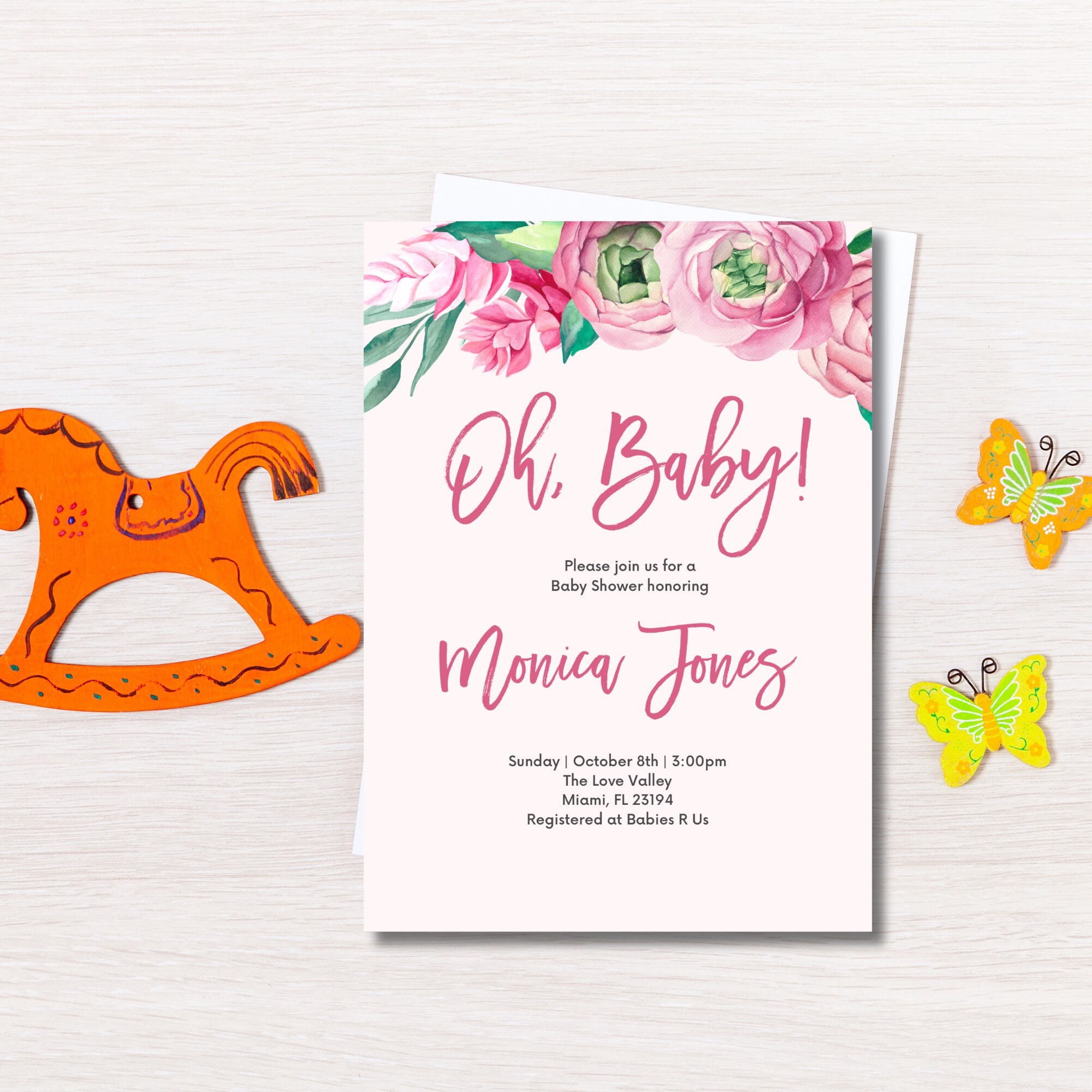 Pink Floral Baby Shower Invitation, Editable Baby Shower Invitation ...