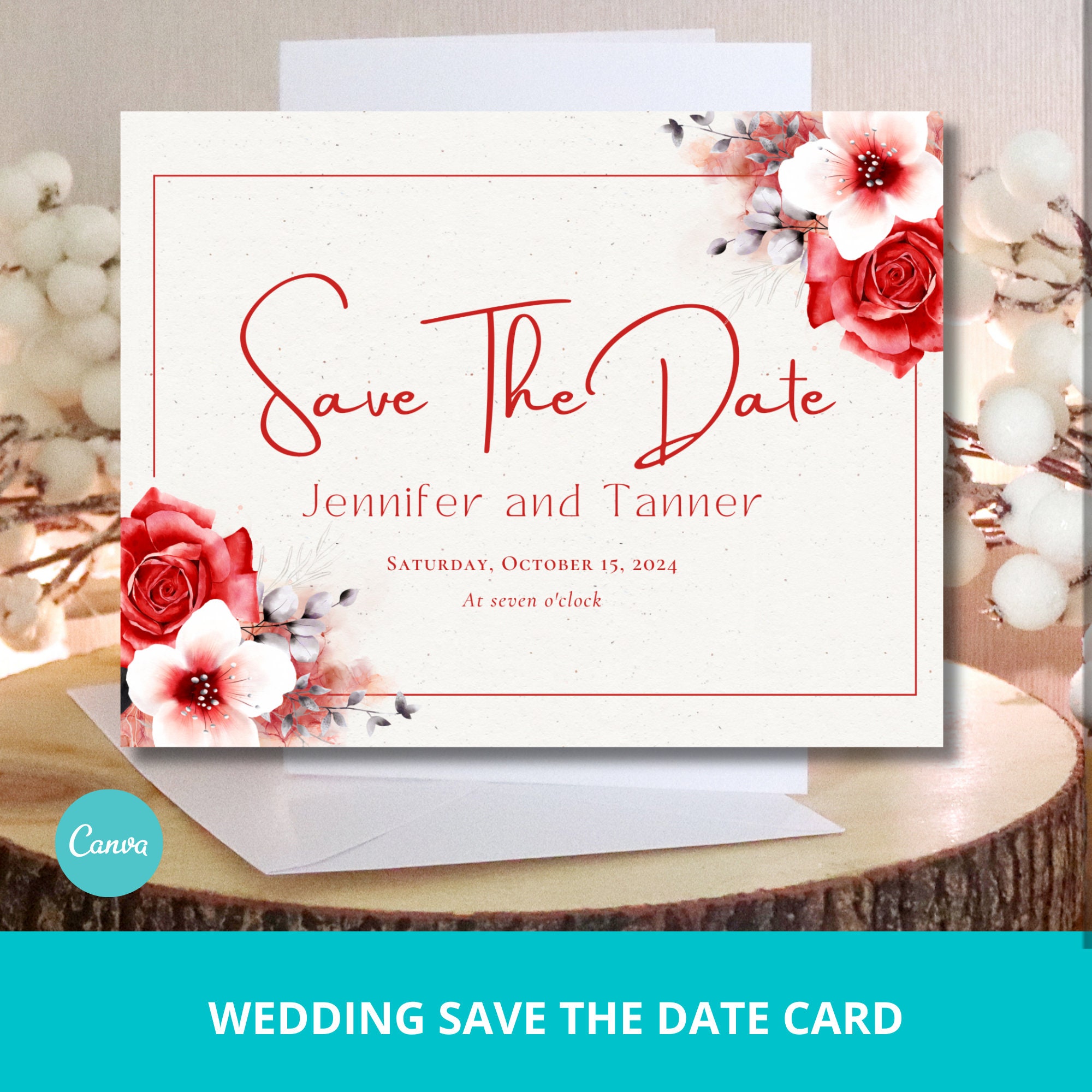 Red Wedding Save the Date, Editable Wedding Template, Canva RSVP Design ...