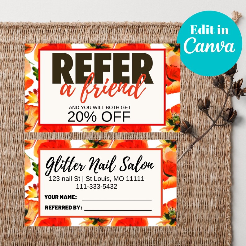 Floral Refer a Friend Card Template | Editable Canva Referral Card ...