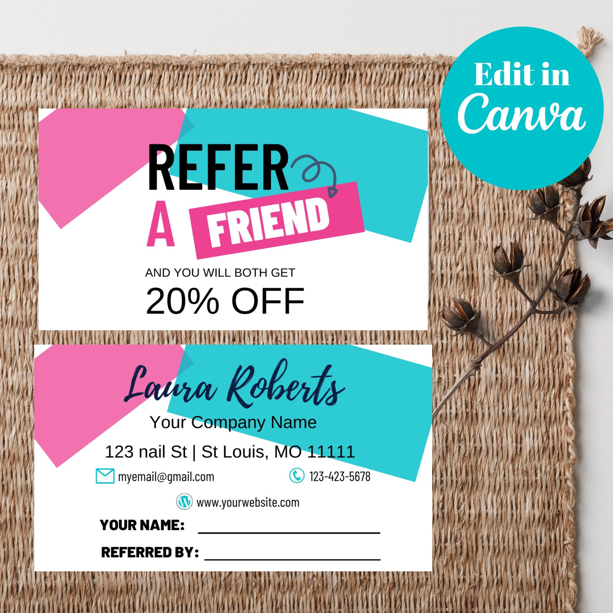 Pink and Teal Refer a Friend Card Template | Editable Canva Business ...