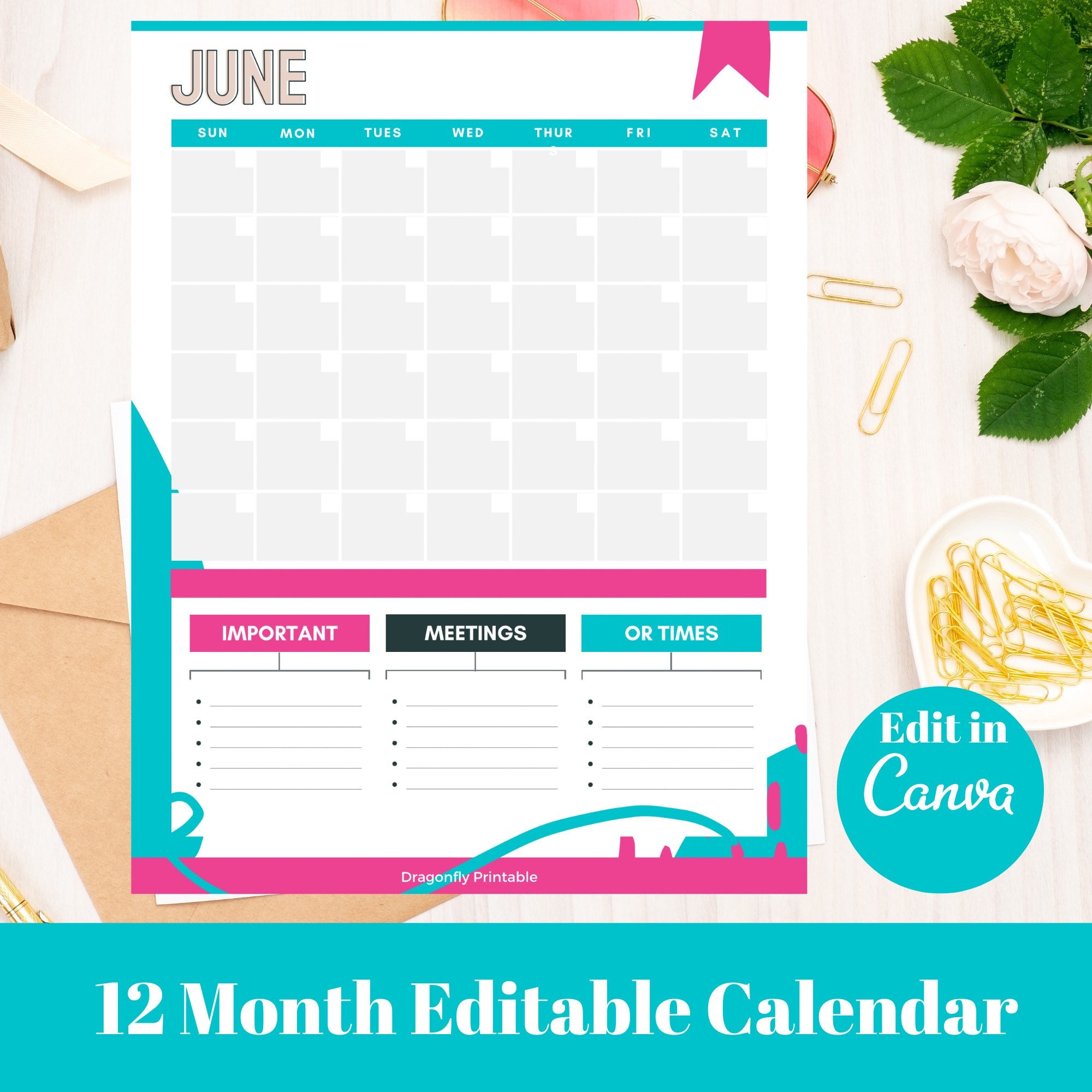 Yearly Calendar Template: Aqua & Pink, Printable Canva Planner (digital ...