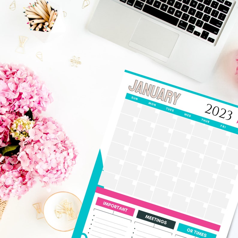 Yearly Calendar Template: Aqua & Pink, Printable Canva Planner (digital ...