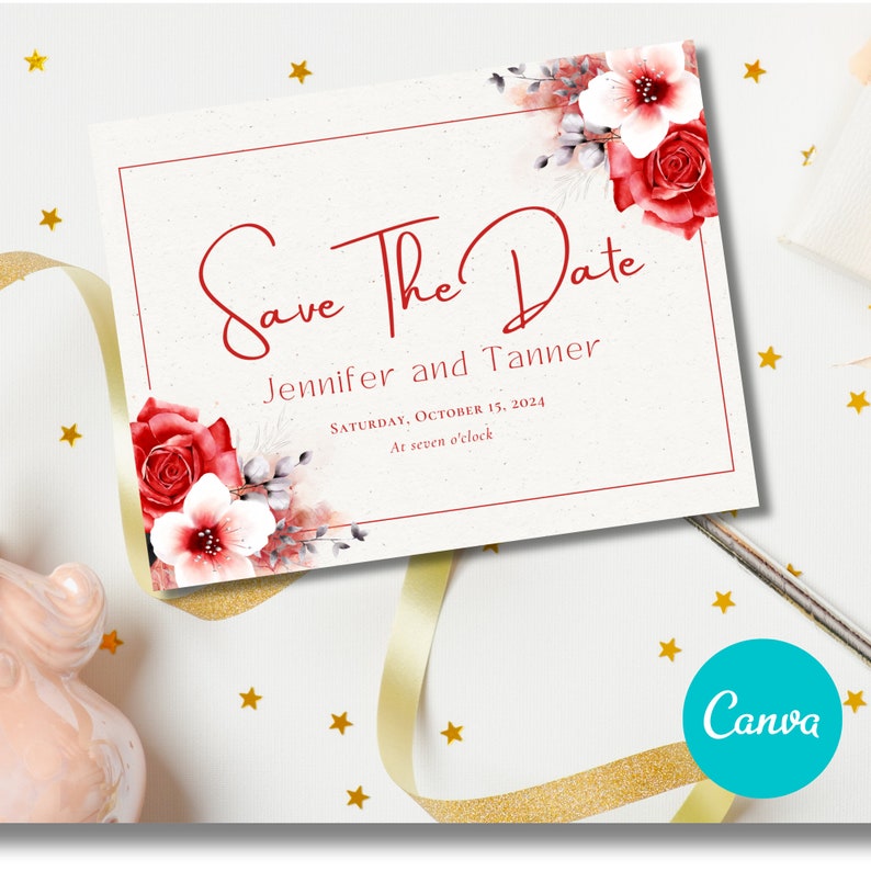Red Wedding Save the Date, Editable Wedding Template, Canva RSVP Design ...
