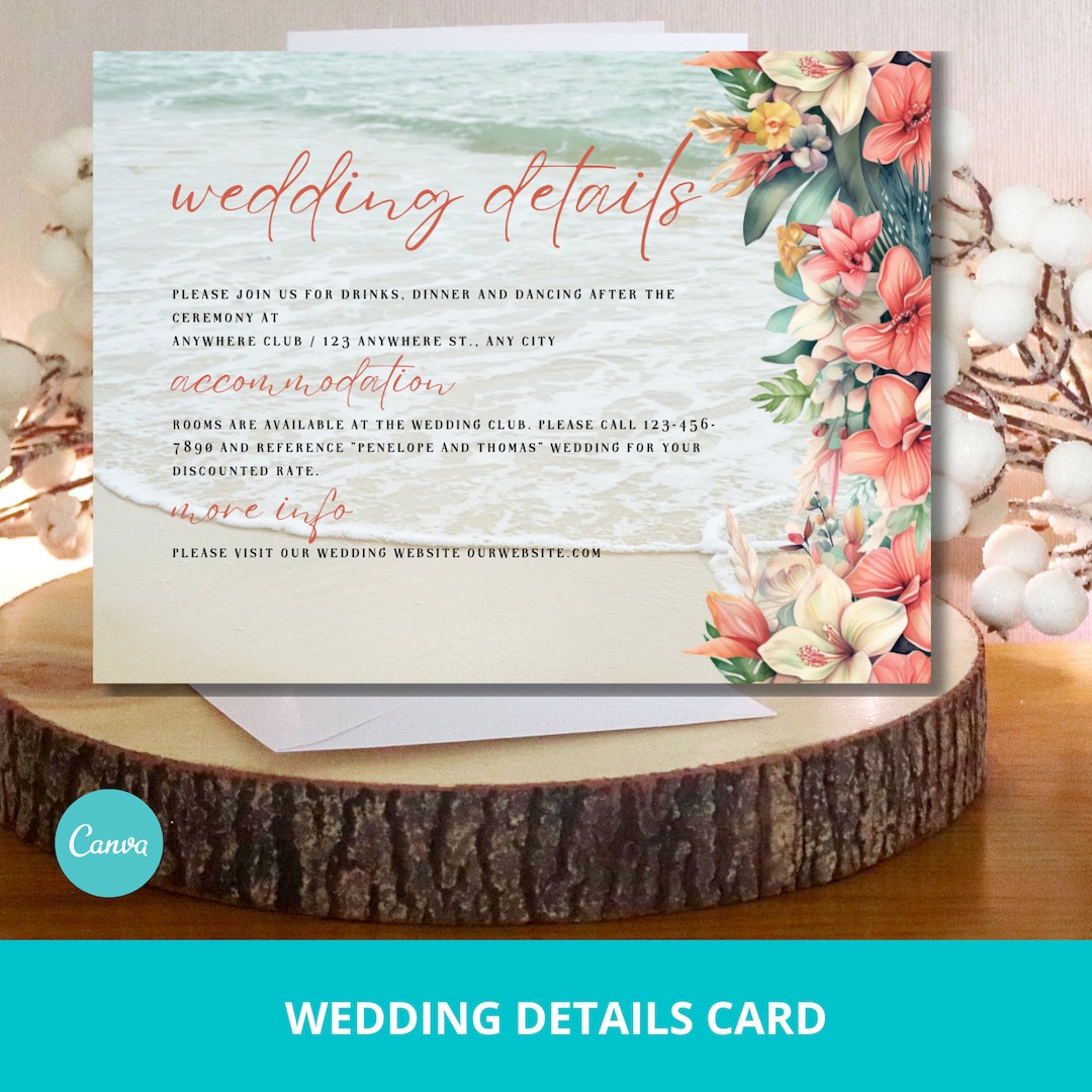 Island Theme Wedding Details Card ,editable Tropical Wedding Details ...