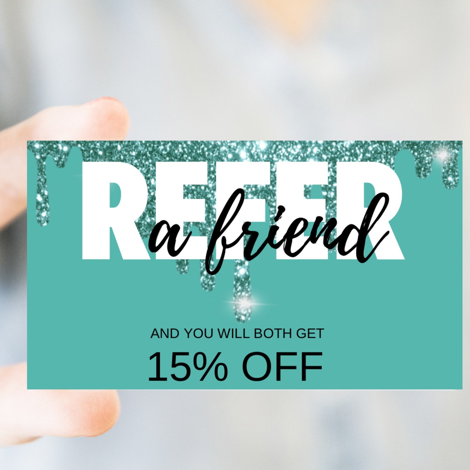 Teal Glitter Refer a Friend Card Template, Editable Canva Referral Card ...