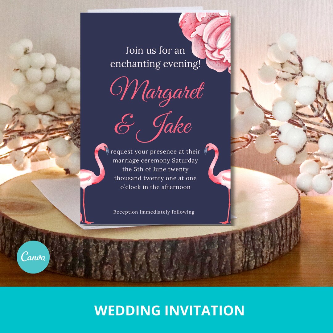 Pink Flamingo Wedding Invitation, Canva Wedding Template, Tropical ...