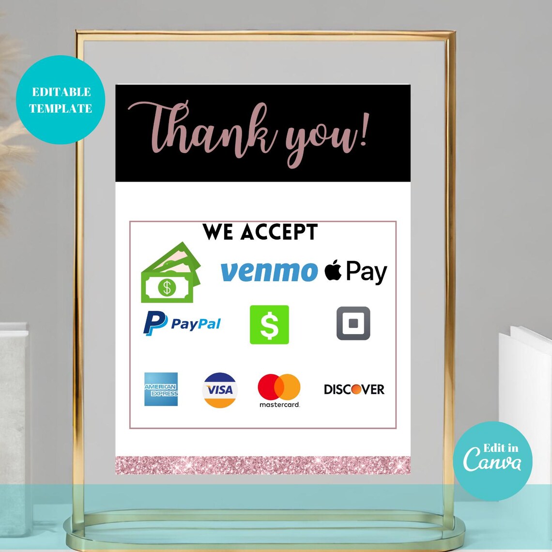 Rose Gold Payment Method Sign: Elegant Business Decor (editable Canva ...
