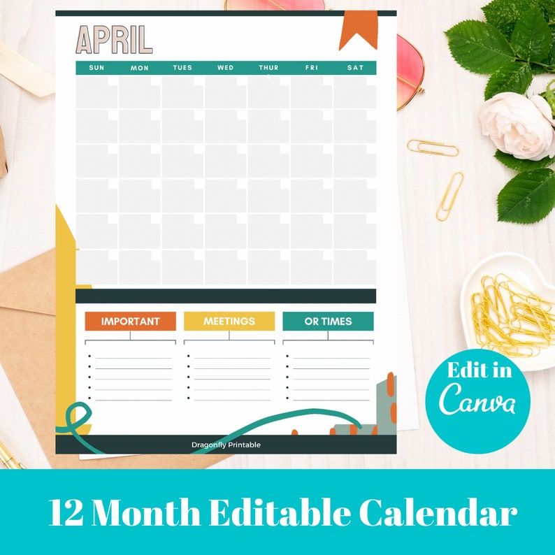 Yearly Calendar Template: 12-month Orange, Yellow, Green (canva ...